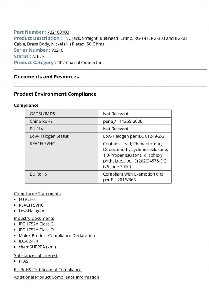 MOLEX 732160100 product document, page 1