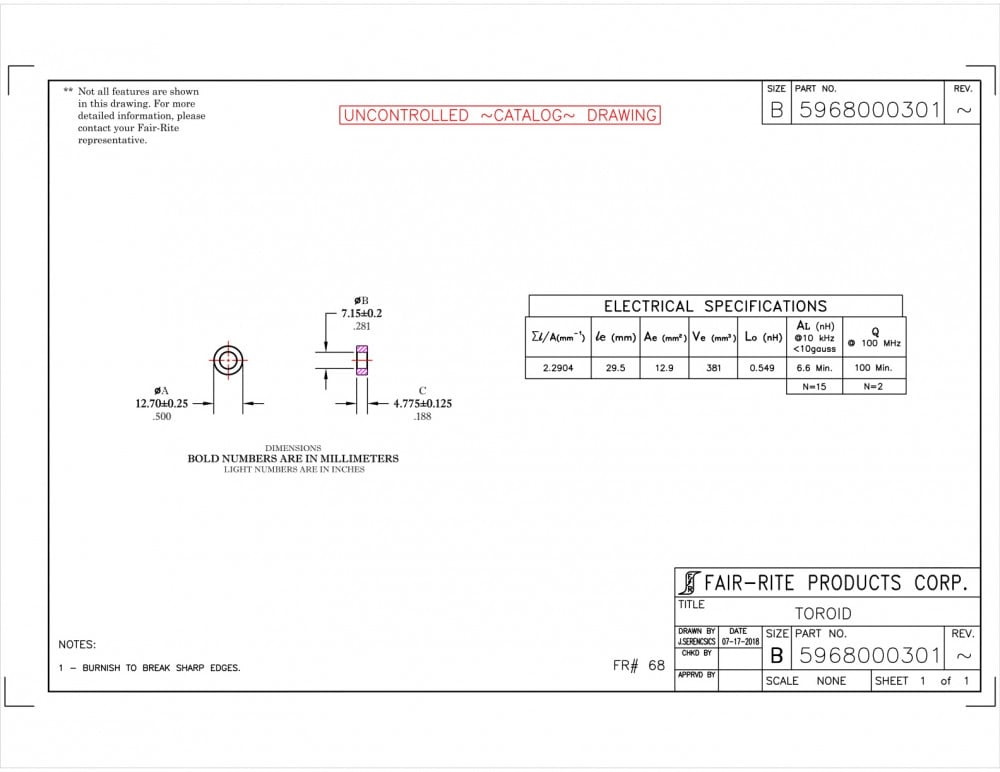 Fair-Rite 5968000301 technical document page