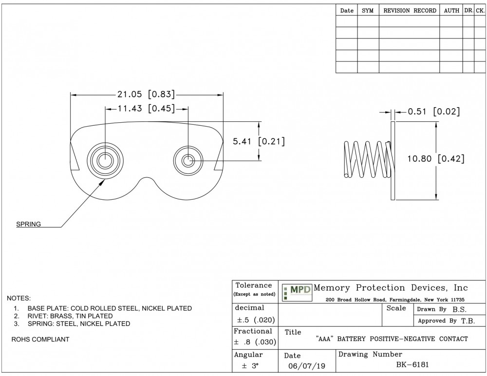 MPD BK-6181 AAA battery positive-negative contact drawing