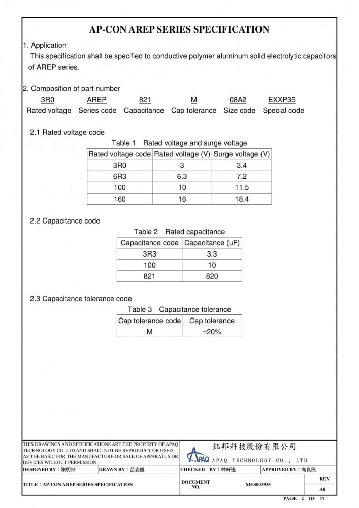 APAQ AREP specification page 2