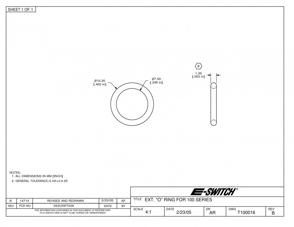 E-Switch T100016 technical drawing