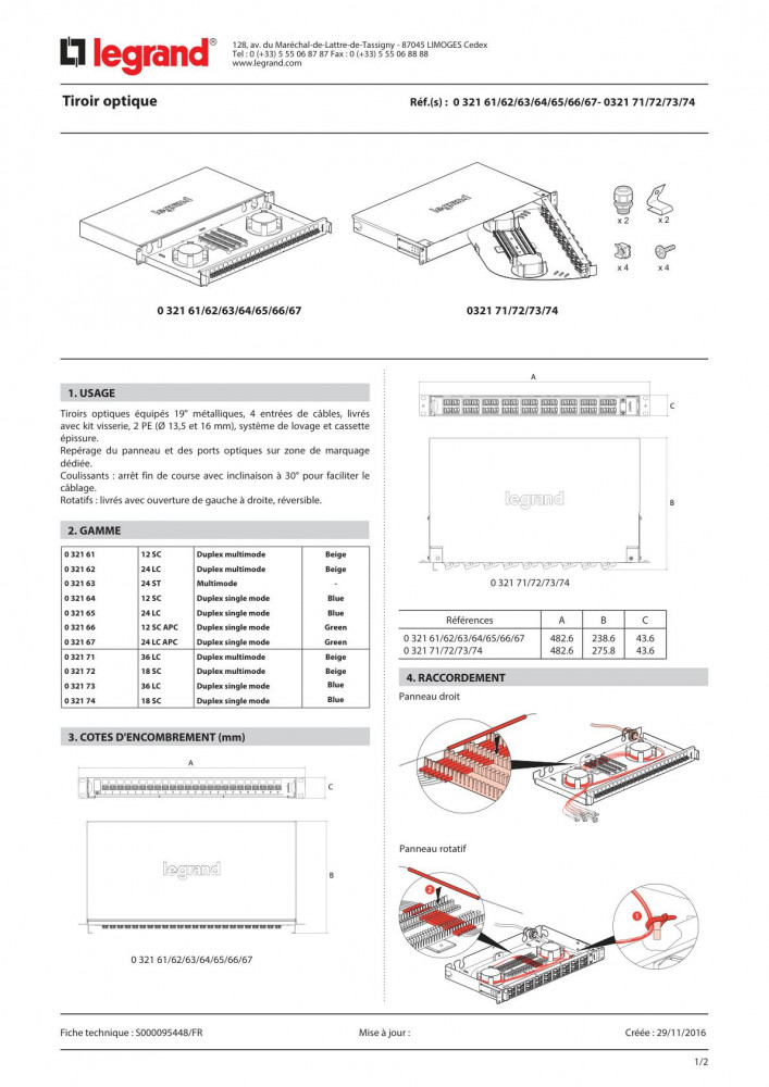 Legrand optical fibre drawer technical documentation, page 1