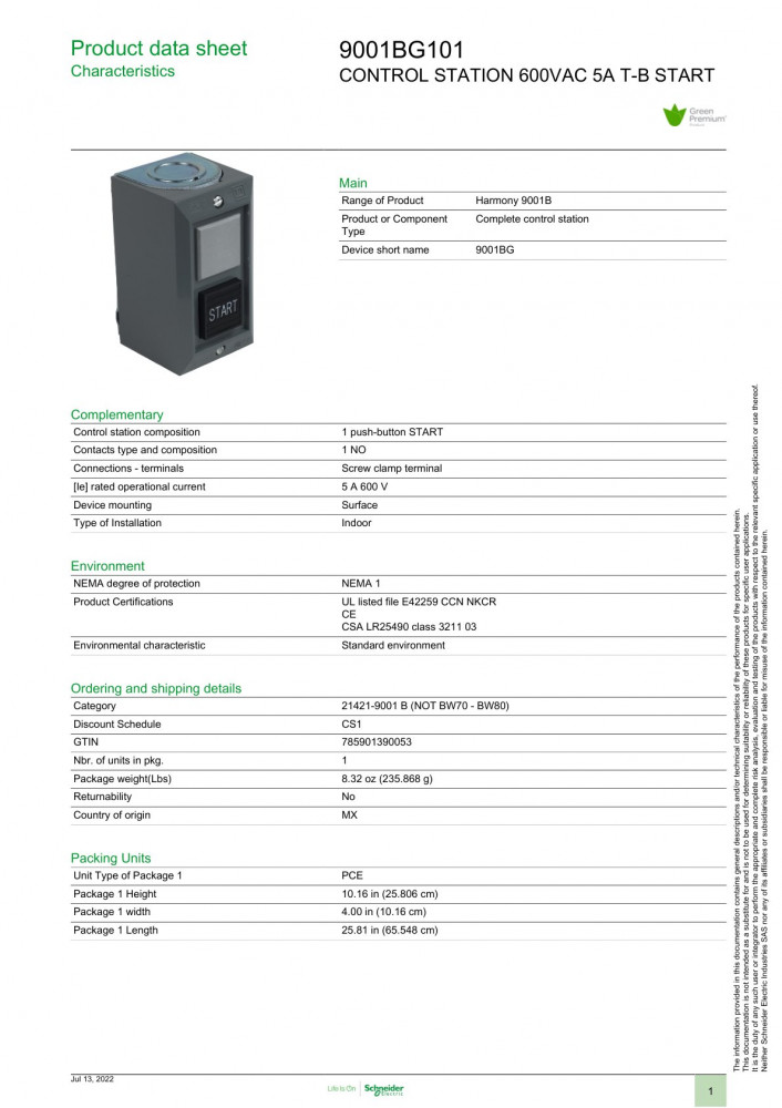 9001BG101 technical document page 1