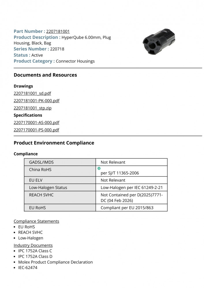 MOLEX 2207181001 product document preview, page 1