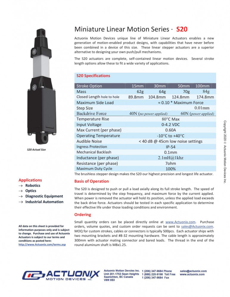 Actuonix S20 datasheet page 1