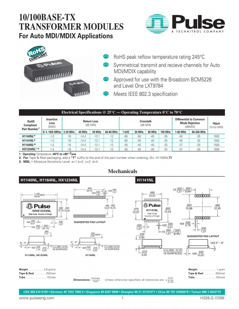 PULSE H1164NLT datasheet page 1