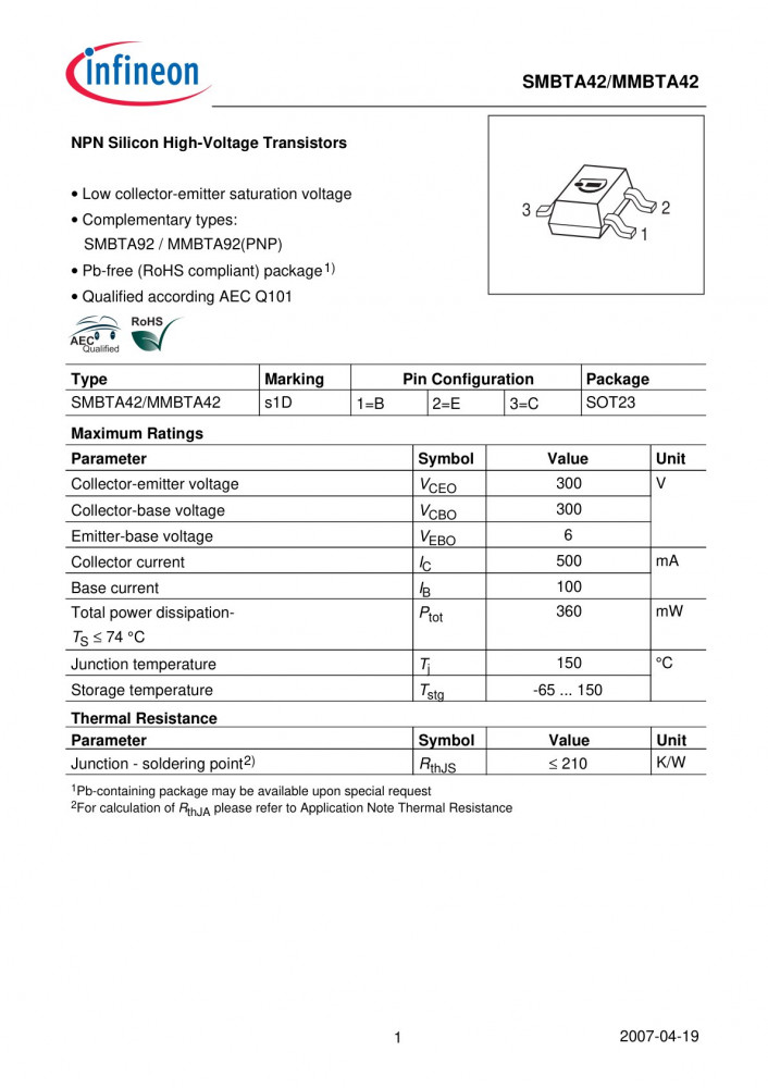 SMBTA42E6327 datasheet page 1