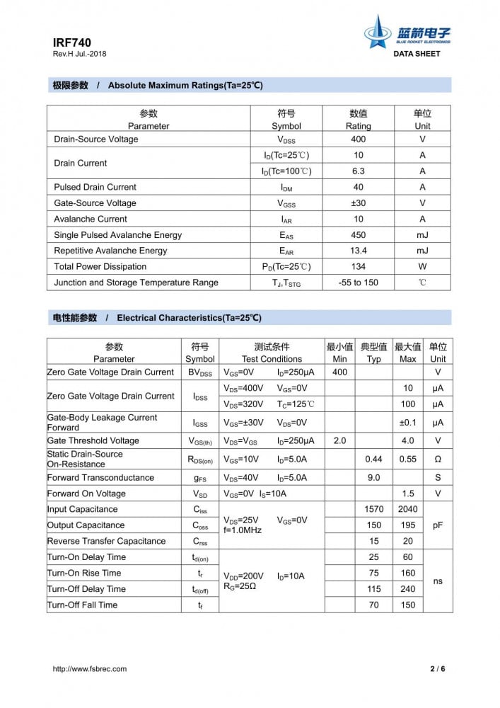 IRF740 datasheet page 2