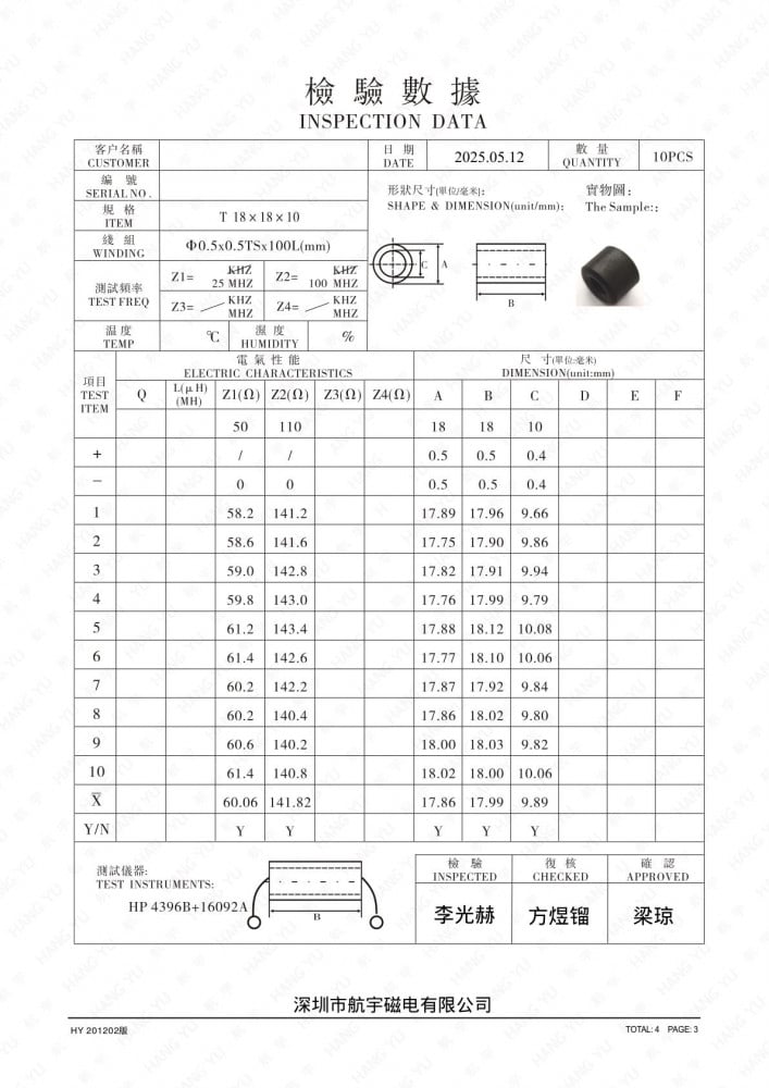 T18×18×10 inspection data page