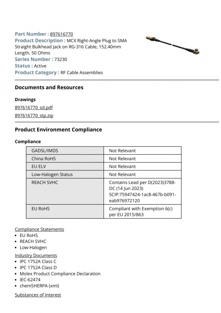 MOLEX 897616770 technical document preview, page 1