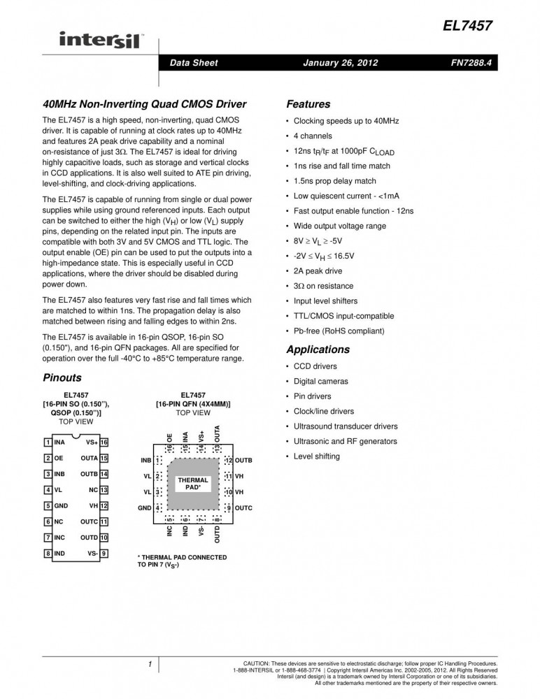 EL7457 datasheet page 1