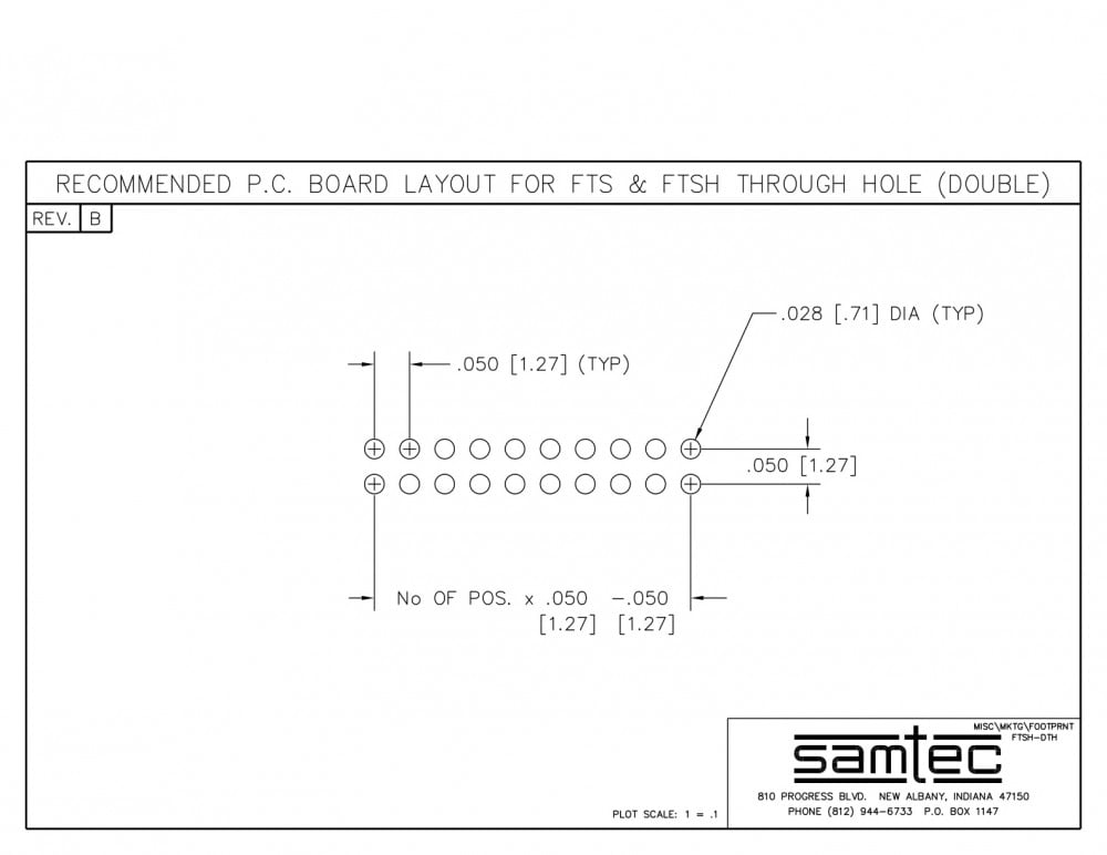Samtec FTS and FTSH through-hole double-row recommended PCB layout drawing