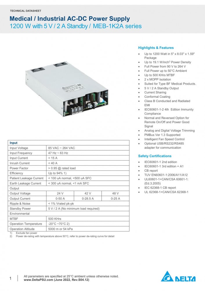DELTA MEB-1K2A technical document page 1