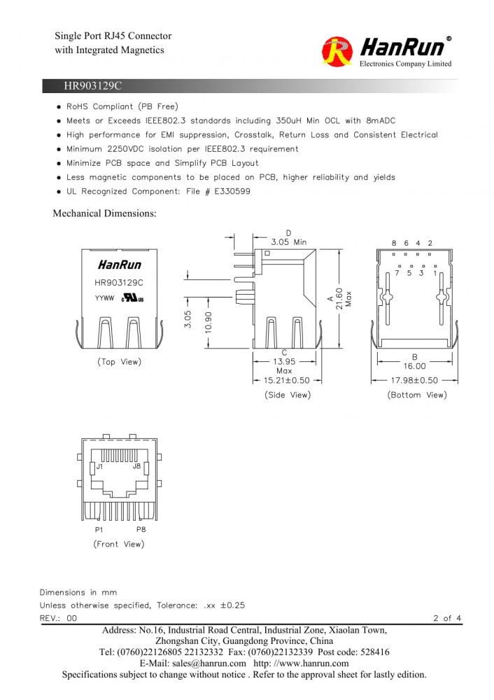 HR903129C mechanical dimensions