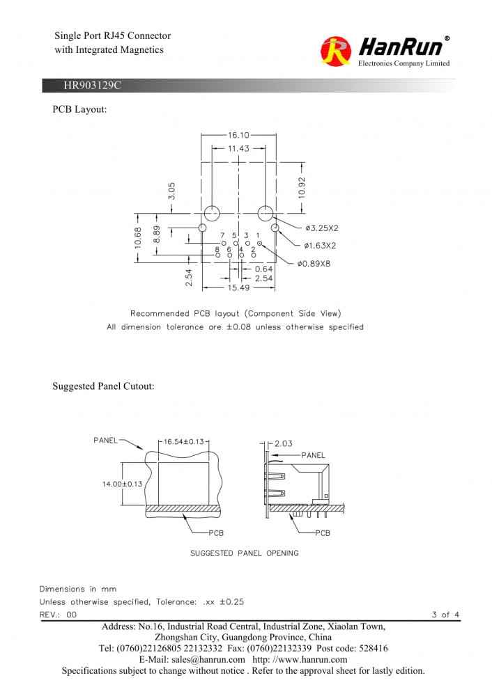 HR903129C PCB layout and panel opening