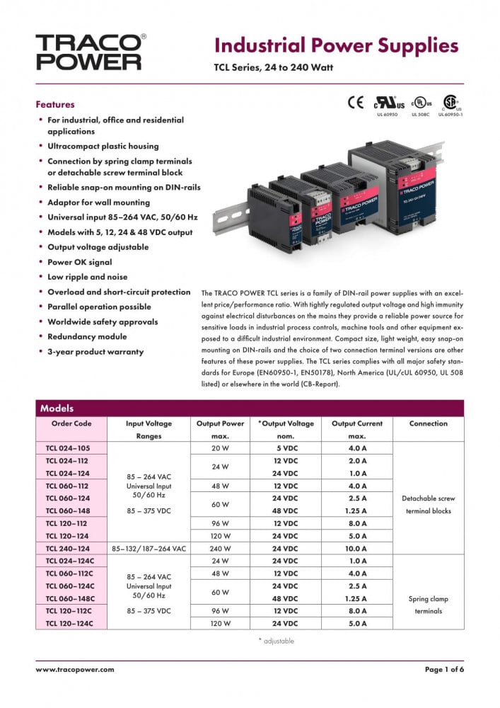 TRACO POWER TCL series technical document page 1