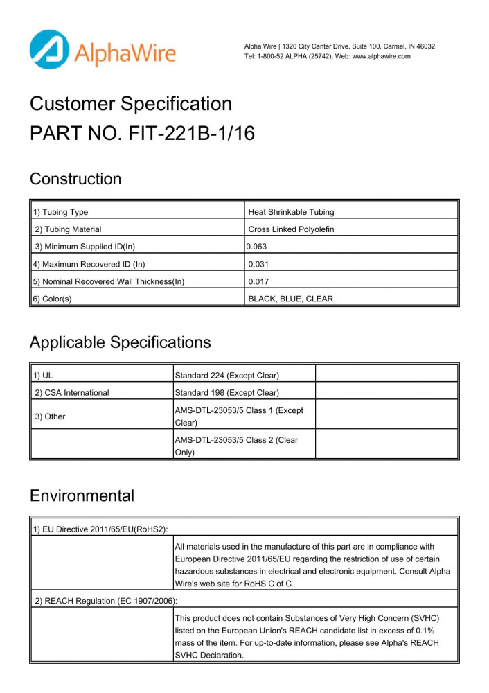 Alpha Wire FIT-221B-1/16 technical document page 1