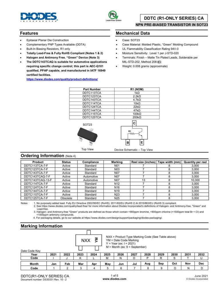 DDTC124TCA-7-F datasheet page 1
