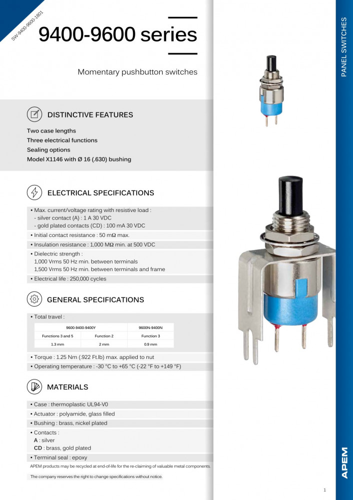 APEM 9400-9600 series datasheet page 1