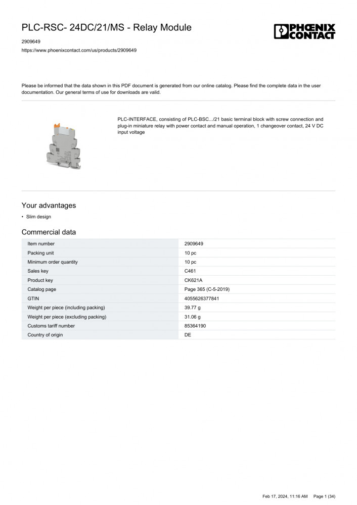 Phoenix Contact 2909649 technical document page 1