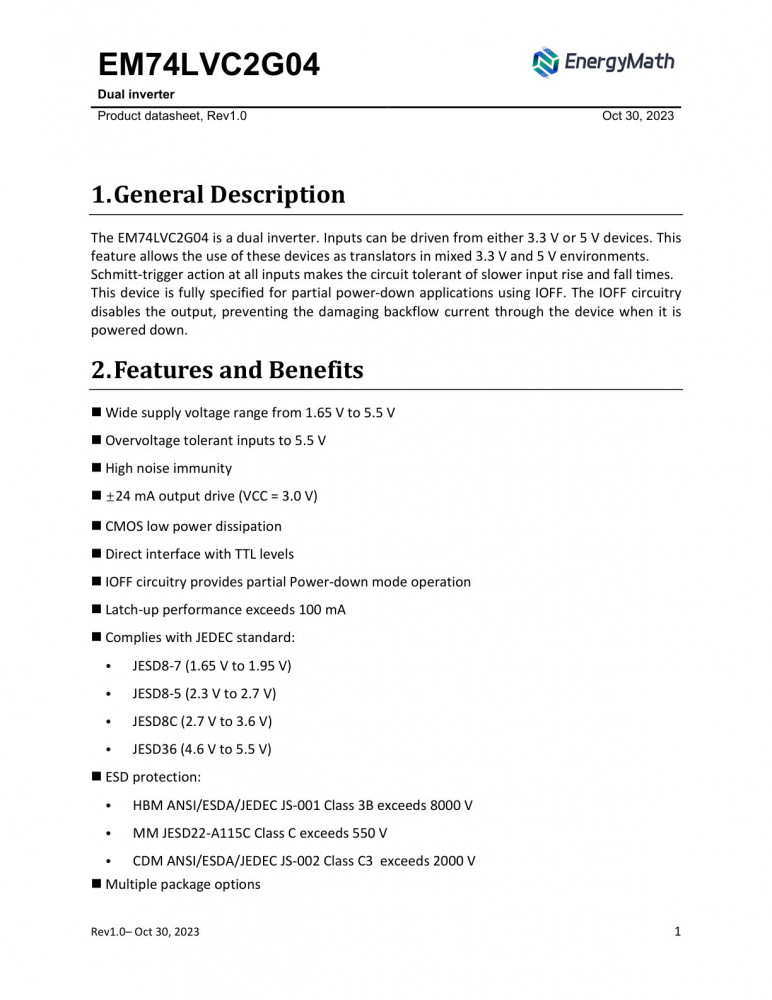 EM74LVC2G04GW datasheet page 1