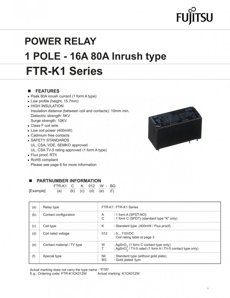 FTR-K1 series datasheet page 1