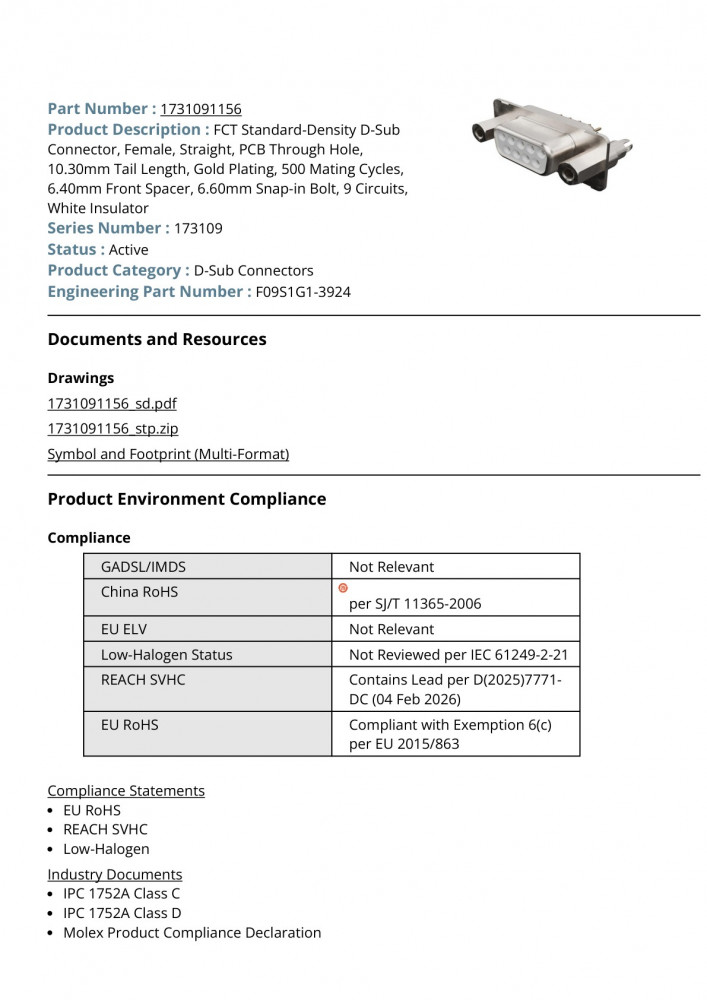 MOLEX 1731091156 technical document page 1