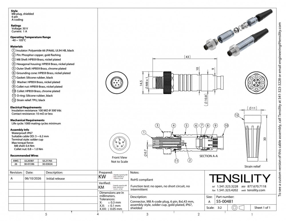 Tensility 55-00481 M8 A-coded six-pin connector drawing