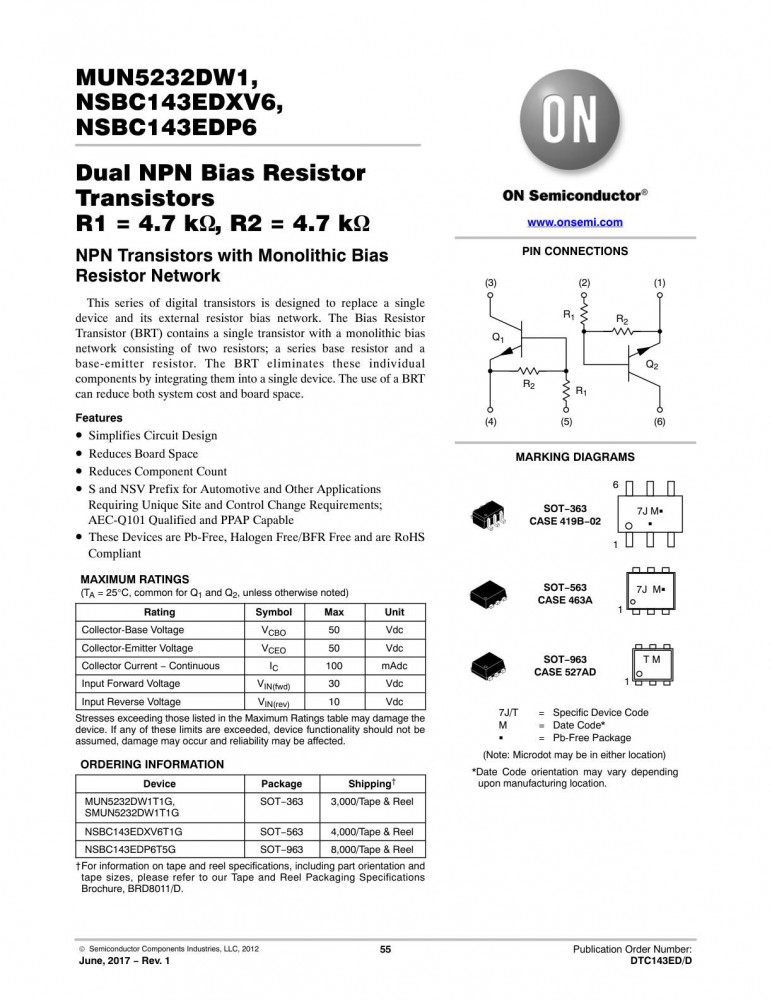 NSBC143EDXV6T1G datasheet page 1