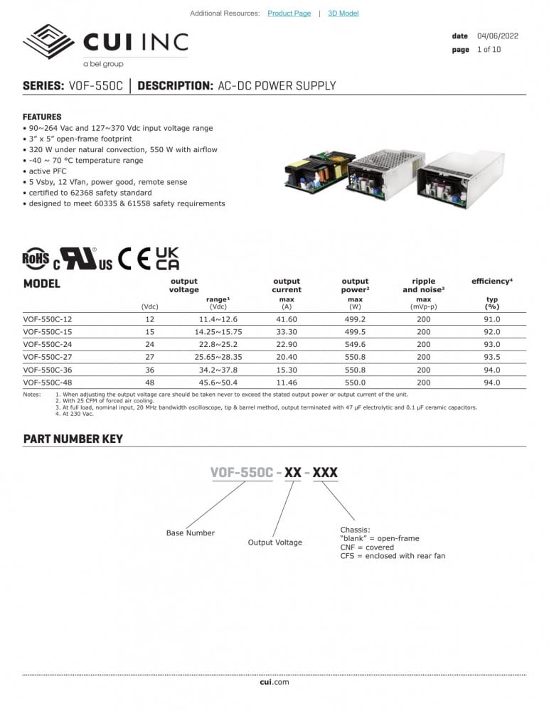 CUI VOF-550C datasheet page 1
