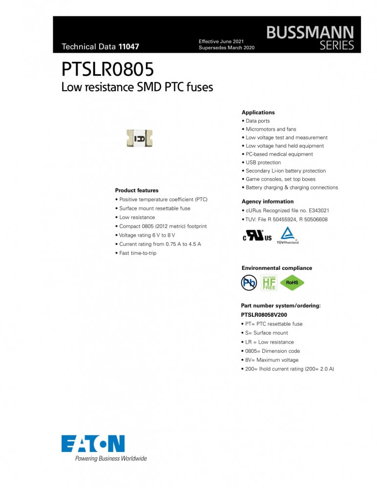 EATON PTSLR0805 datasheet page 1