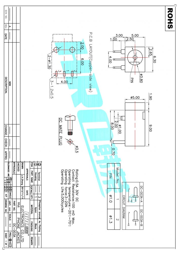 Korean Hroparts Elec DC-003A technical drawing and PCB layout