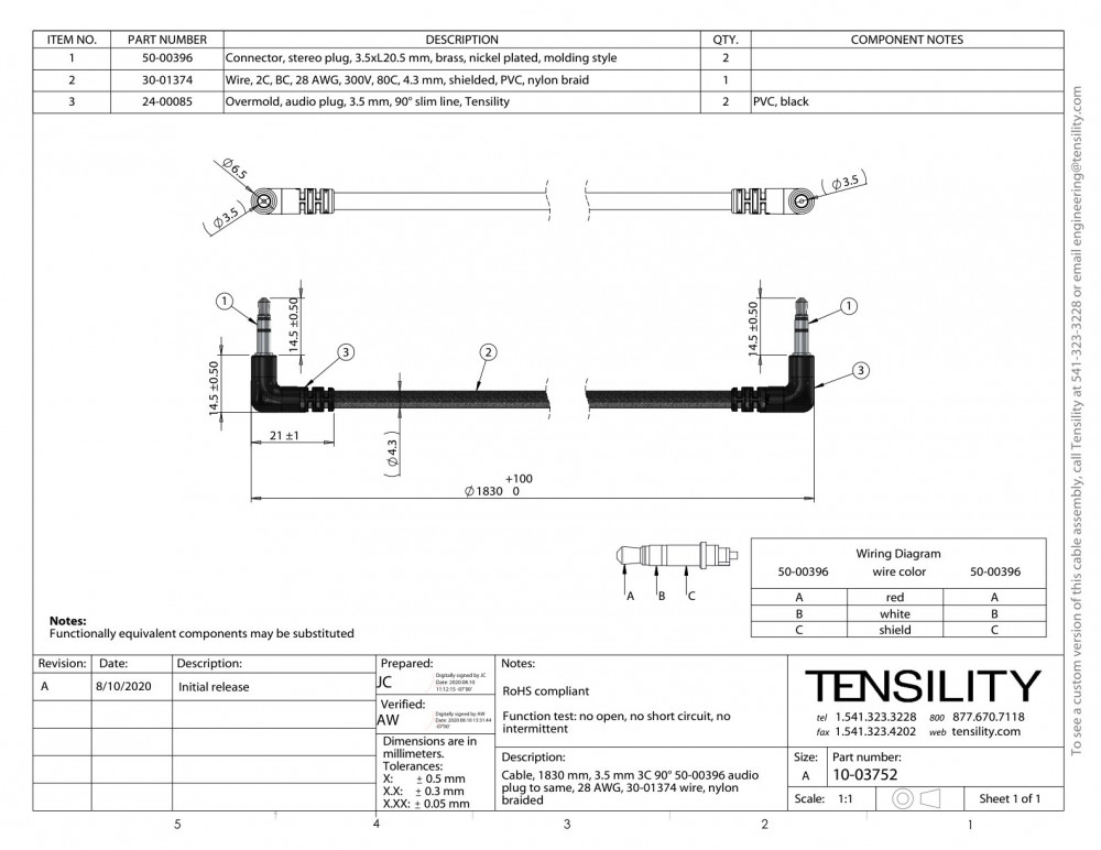 Tensility International 10-03752 cable assembly drawing