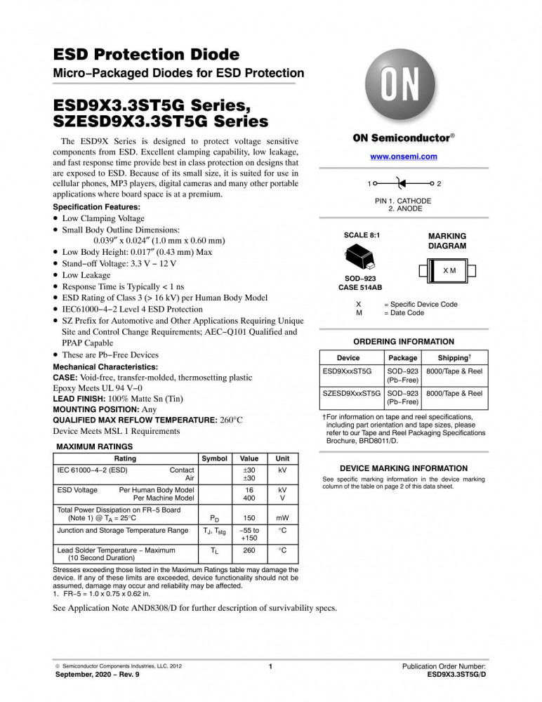 SZESD9X3.3ST5G datasheet page 1