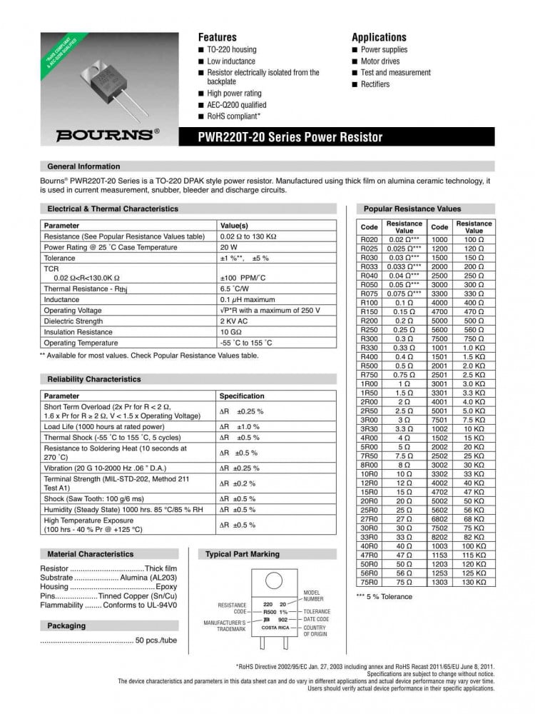 BOURNS PWR220T-20 series datasheet page 1