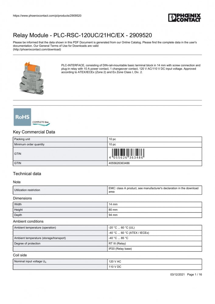 Phoenix Contact 2909520 datasheet page 1
