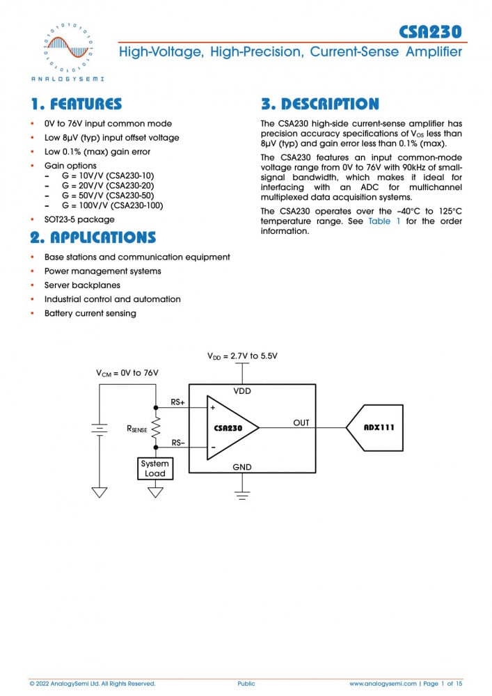 CSA230 datasheet page 1