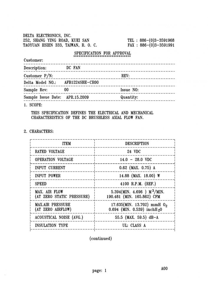 AFB1224SHE-CR00 specification page 1