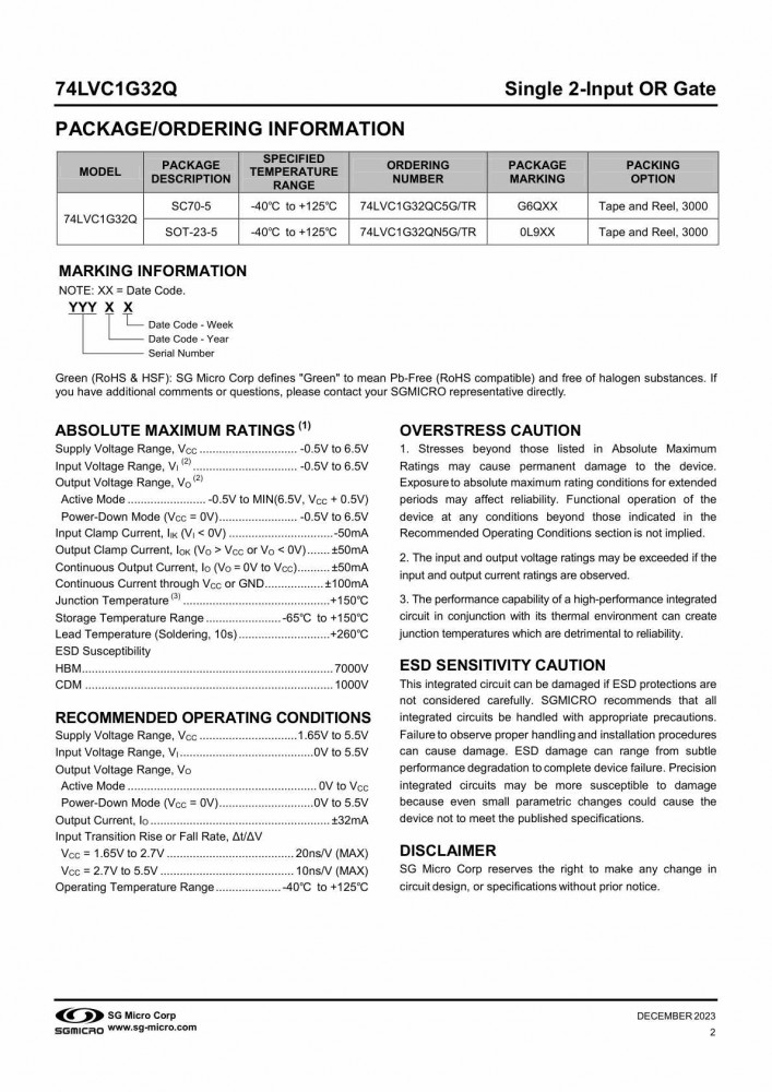 74LVC1G32Q datasheet page 2