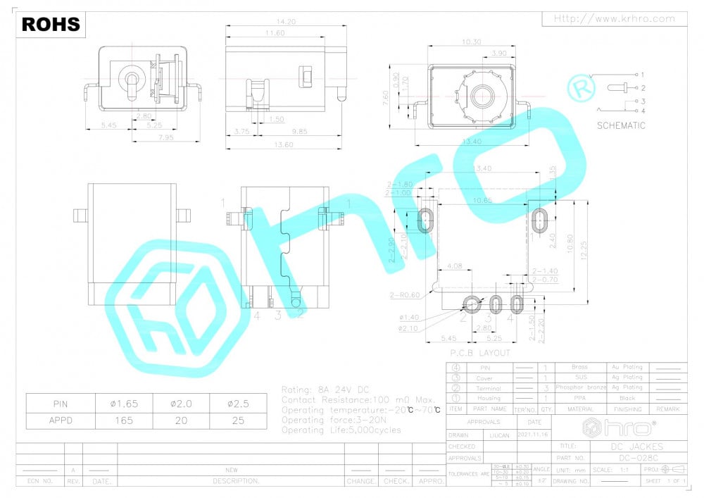 Korean Hroparts Elec DC-028C DC jack technical drawing