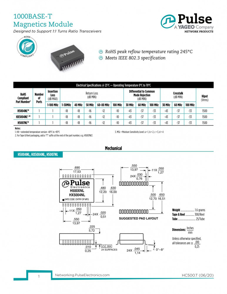 PULSE H5004NLT technical document page 1