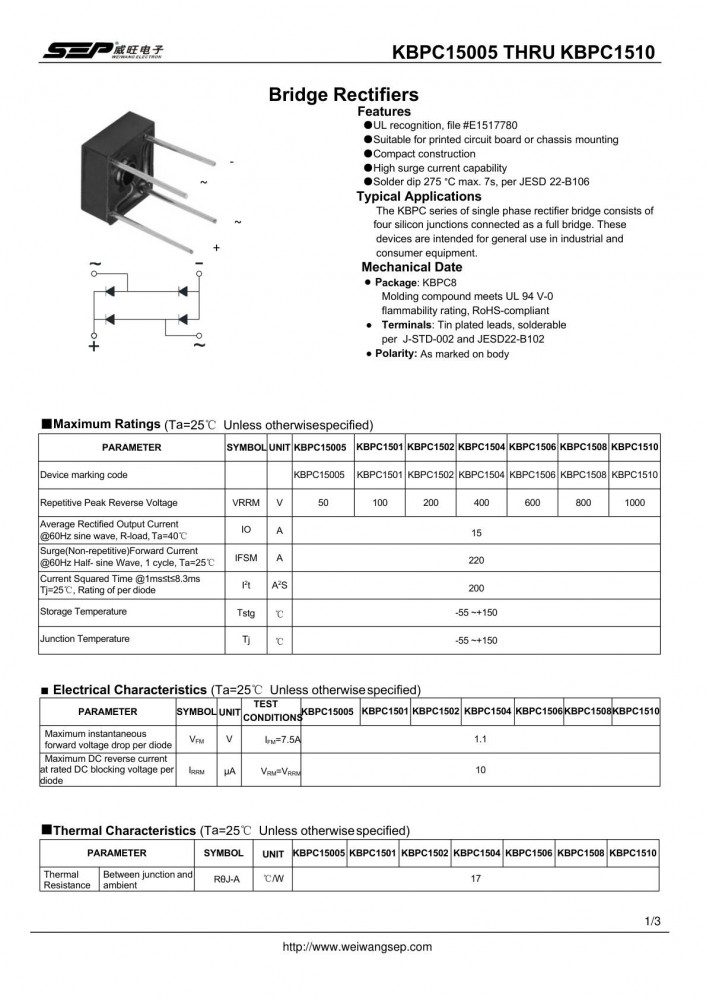 SEP KBPC1510 datasheet page 1