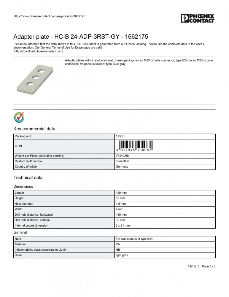 Phoenix Contact 1662175 product documentation page 1