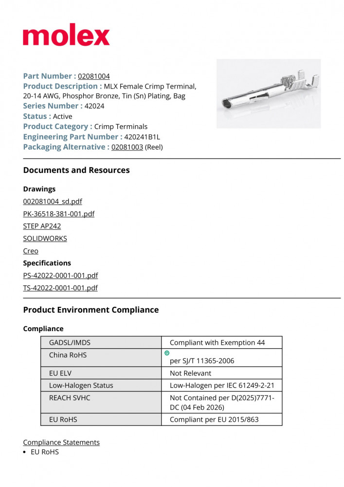 Molex connector specification page 1
