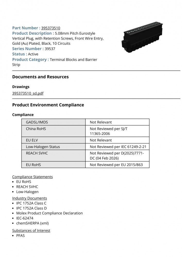 MOLEX 39537 series product drawing, page 1