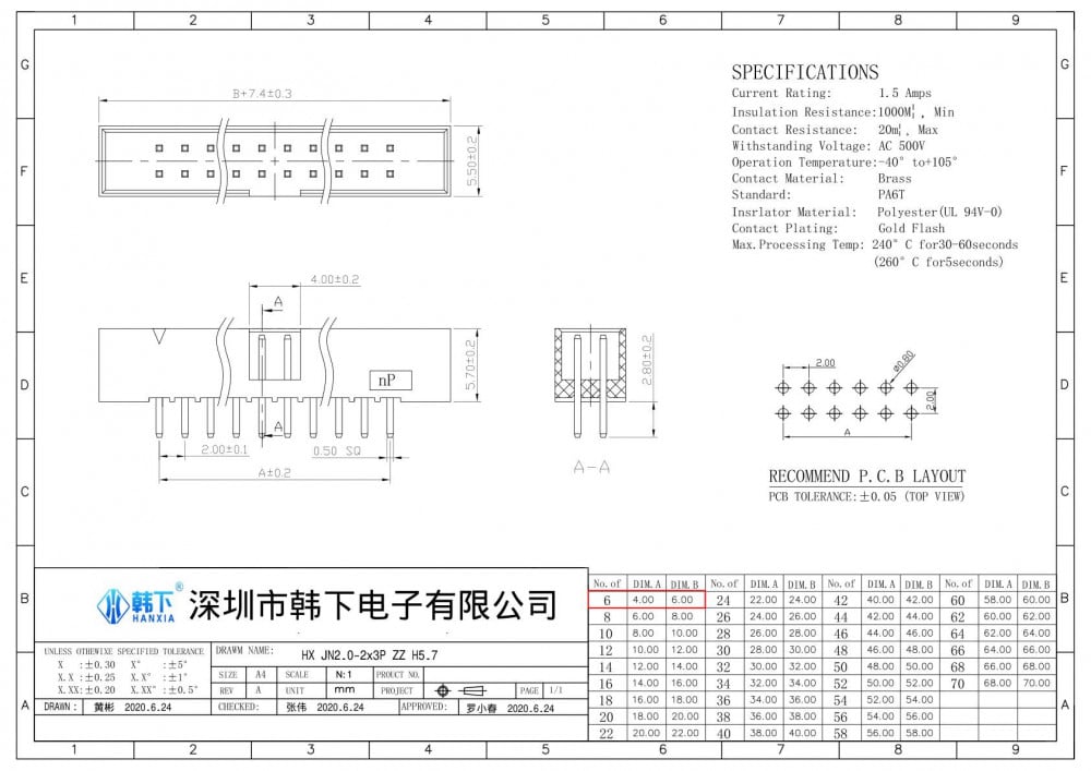 HX JN2.0-2x3P ZZ H5.7 technical drawing