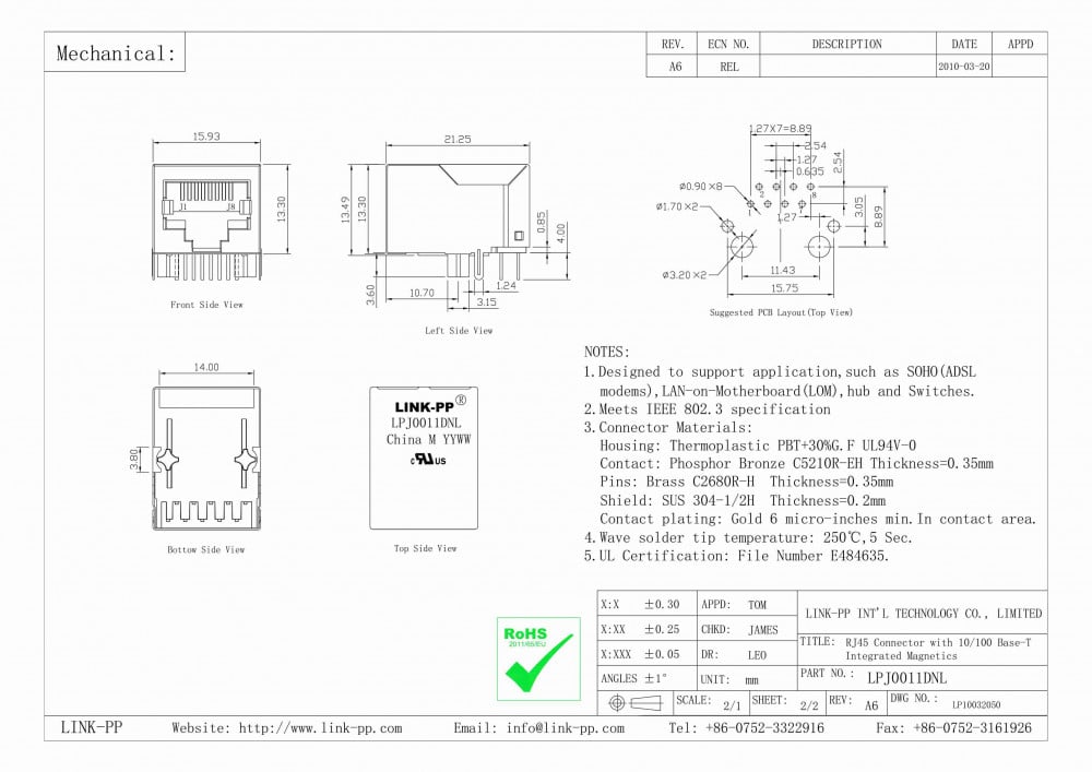 LPJ0011DNL mechanical drawing and materials notes