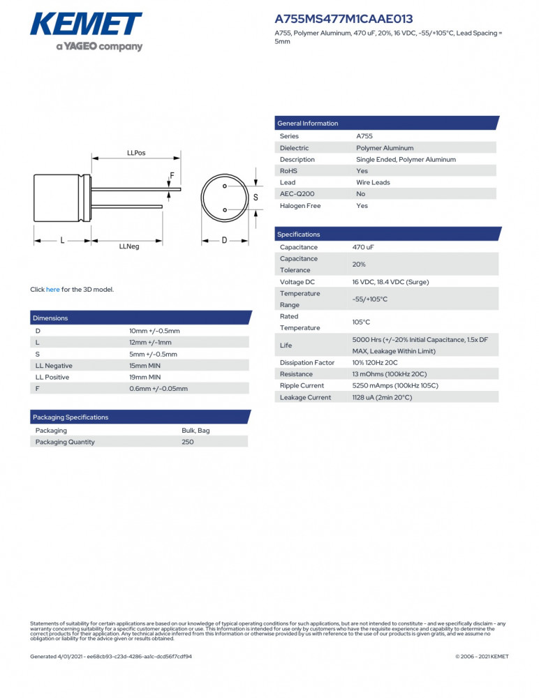KEMET A755MS477M1CAAE013 technical document page