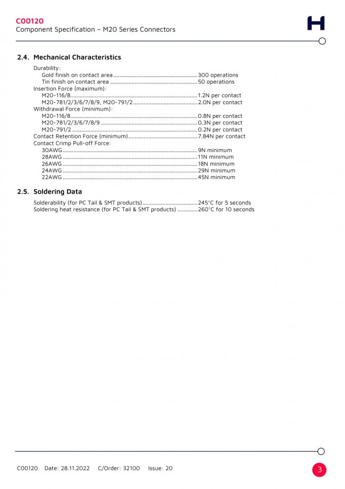 Harwin M20 Series specification page 3