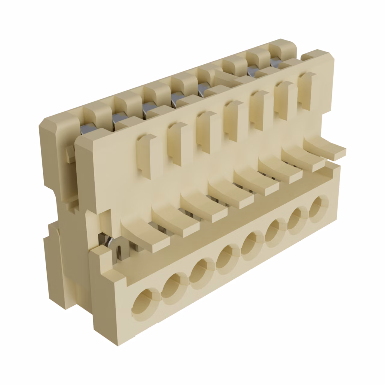 Appli-Mate RAST 2.5 Connector, 2.50mm Pitch, Female, 8 Circuits, Positions A, B, C, D, E, F, G, H, and I Removed, Polarizing Rib Between 3/4, Locking Pips, Slotted Endwalls, Brown Color Stripe, Tin Plating